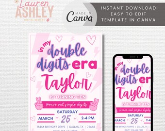 Editable in Her Double Digits Era Invitation, Eras Invitation, Taylor ...
