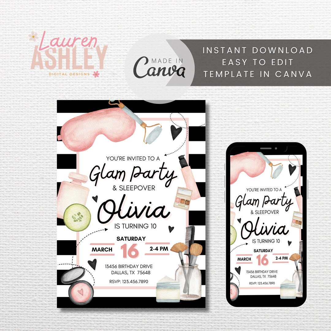 Editable Glam Party Invitation, Spa Party Invite, Skin Care Party ...