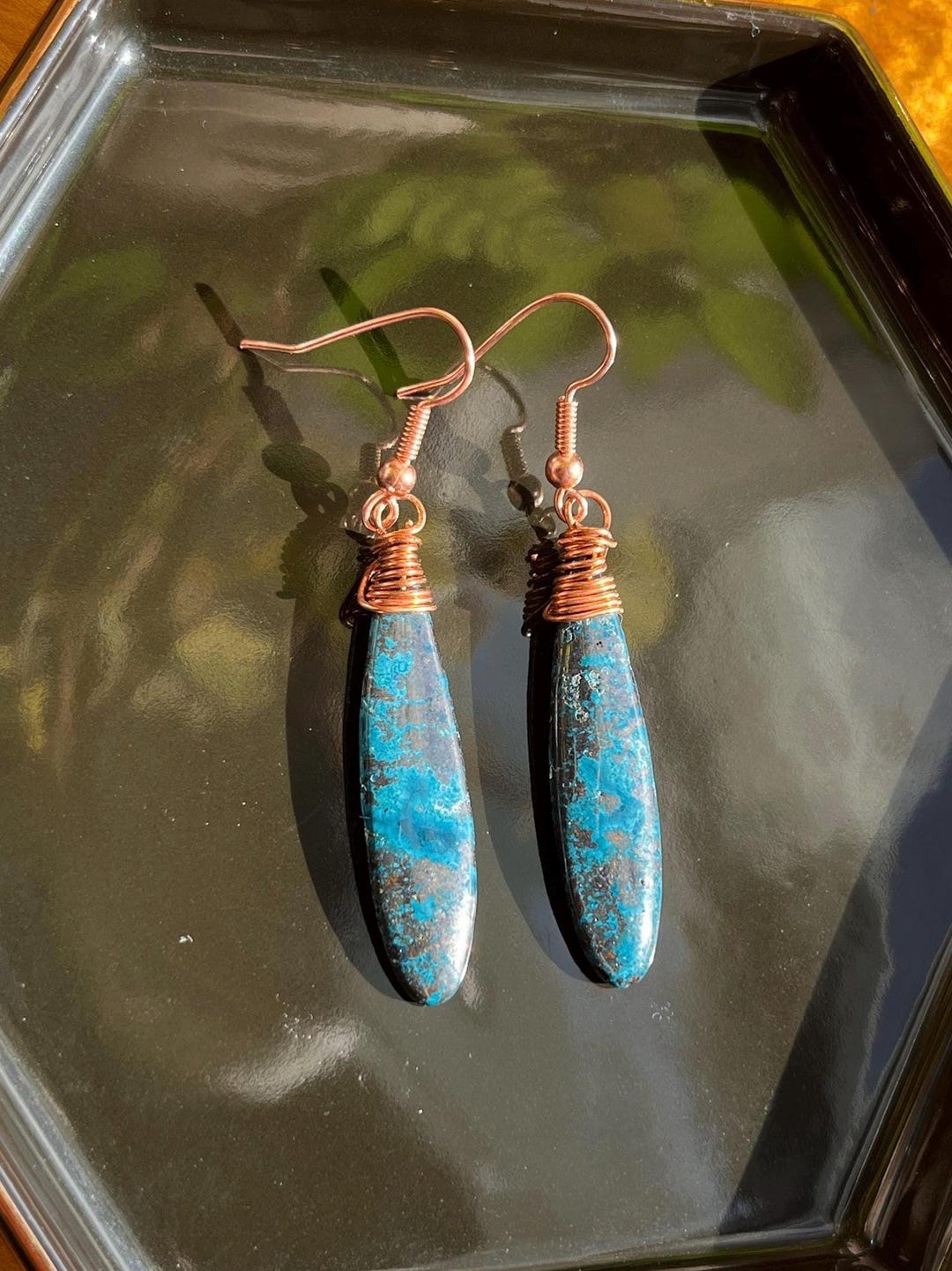 Wire Wrapped Azurite Stone Earrings | Natural Gemstone - Etsy