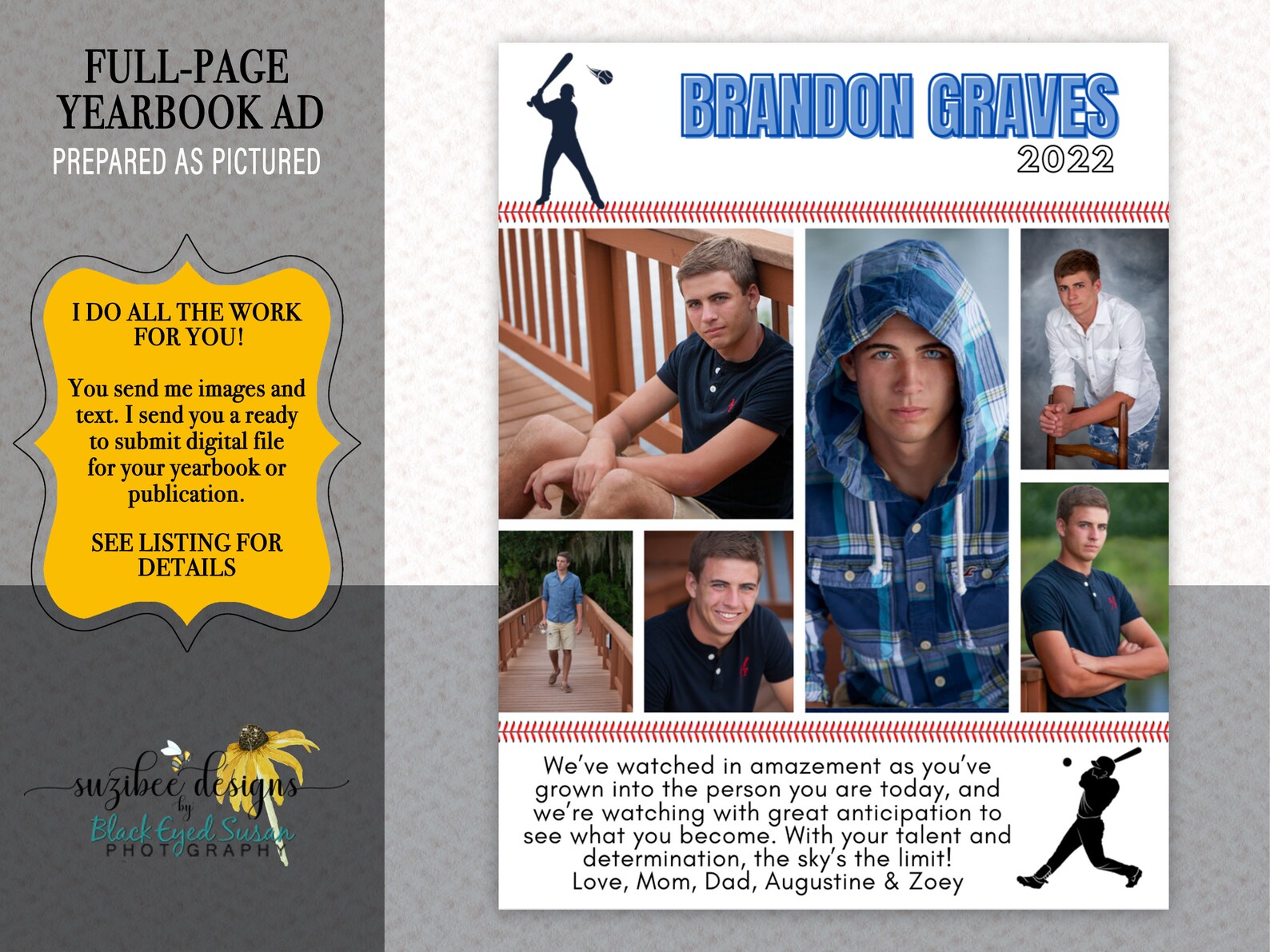 Yearbook Ad Senior Baseball Tribute Ad Full Page Half Page - Etsy