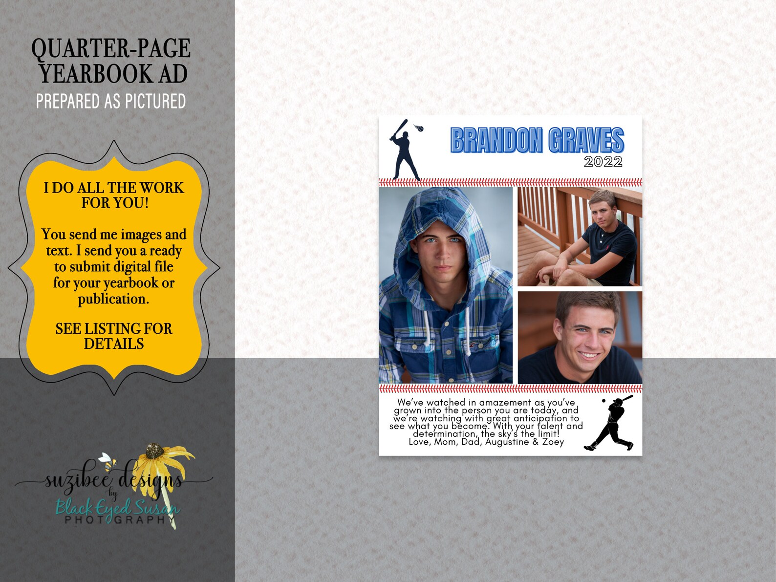 Yearbook Ad Senior Baseball Tribute Ad Full Page Half Page - Etsy