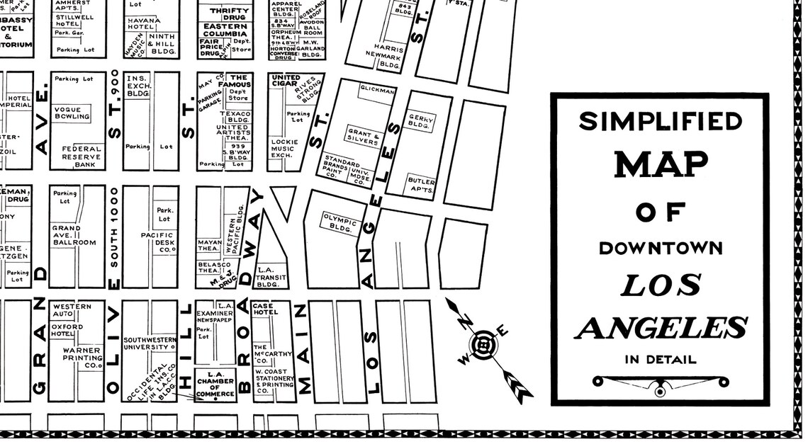 Vintage Downtown Los Angeles Map : 1940s Down Town Los Angeles Map ...