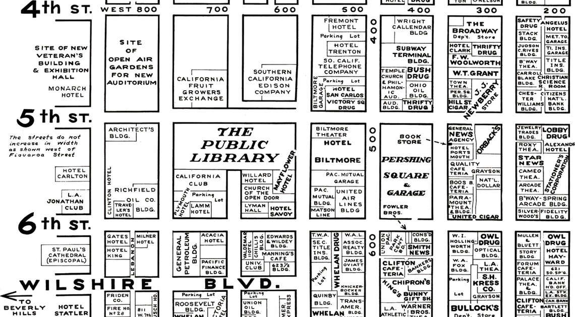 Vintage Downtown Los Angeles Map : 1940s Down Town Los Angeles Map ...