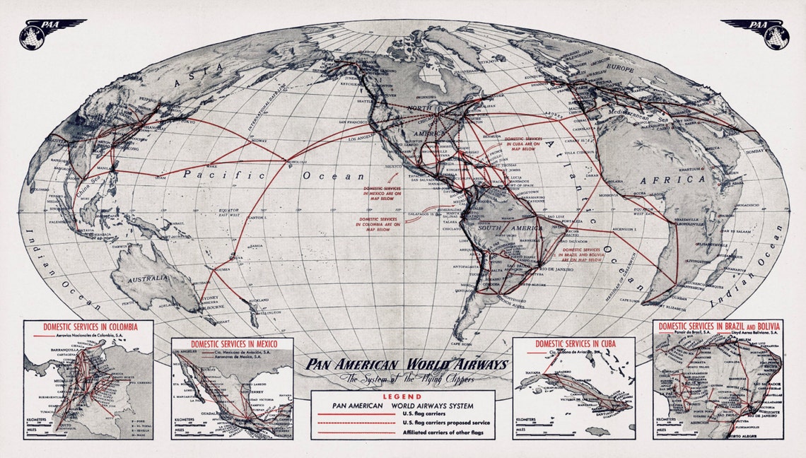 Pan Am Print : Pan Am Map - Pam American World Travel Print Pan Am ...