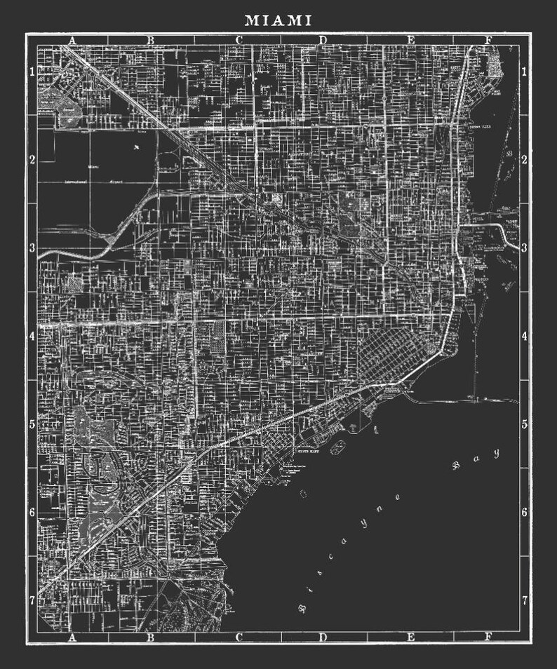 Miami Map Print : Large Vintage Black and White Miami Map Print Poster ...