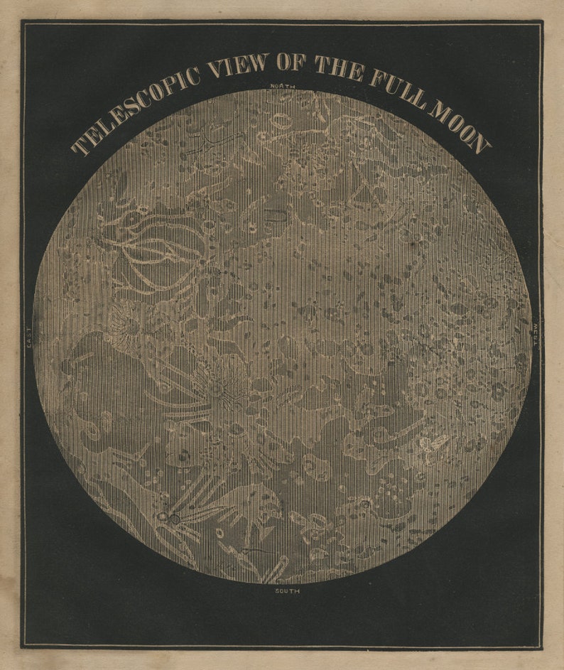 Vintage Moon Print : Circa 1850 - Telescopic View of the Moon - Lunar ...