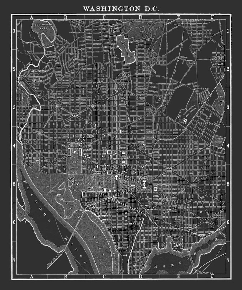 Washington DC Map : Black and white vintage Washington DC map | Etsy