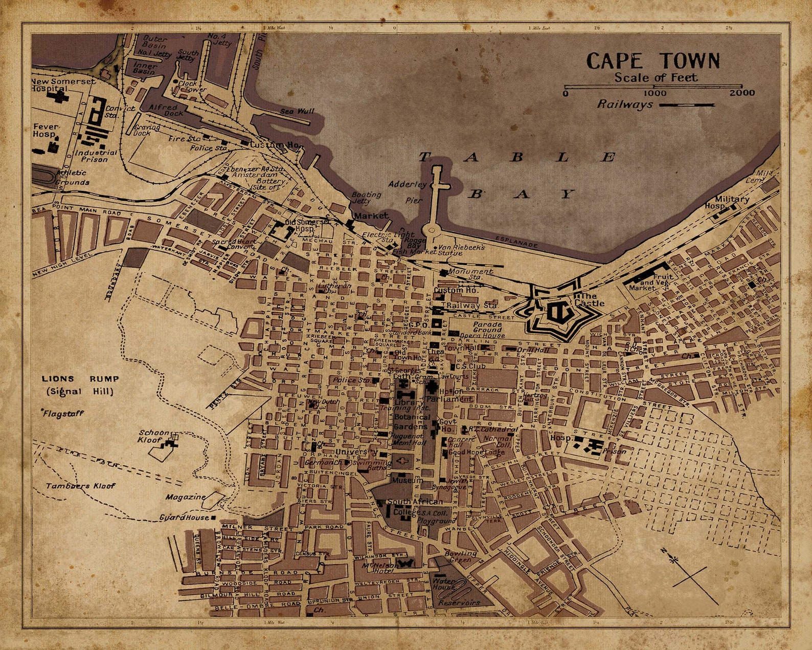 Cape Town Map : Vintage Rustic Circa 1922 Cape Town Map Print Poster ...
