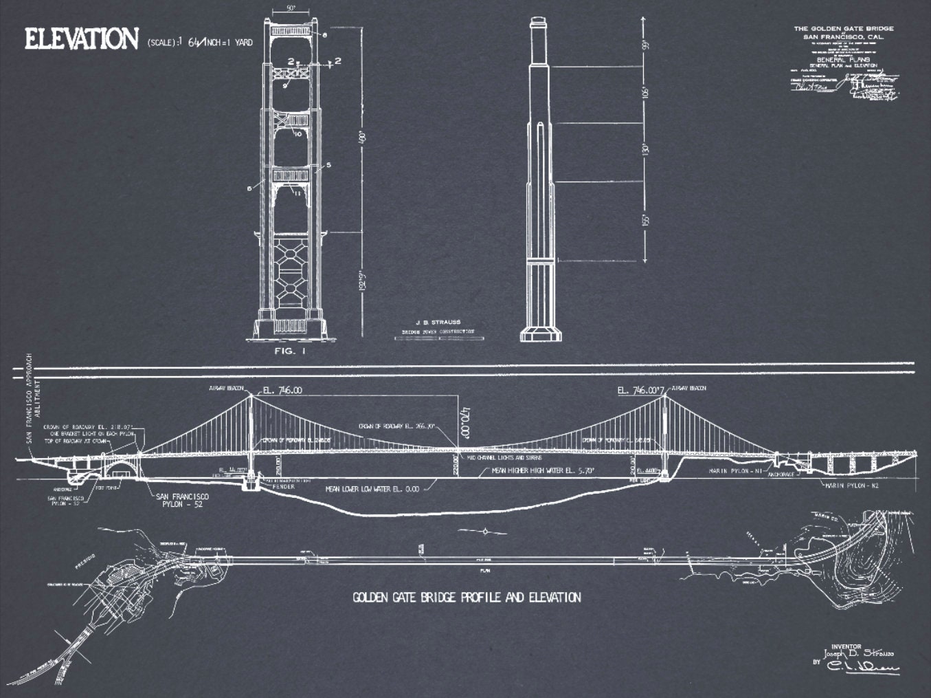 Golden Gate Bridge Blueprint : Vintage San Francisco Golden Gate Bridge ...