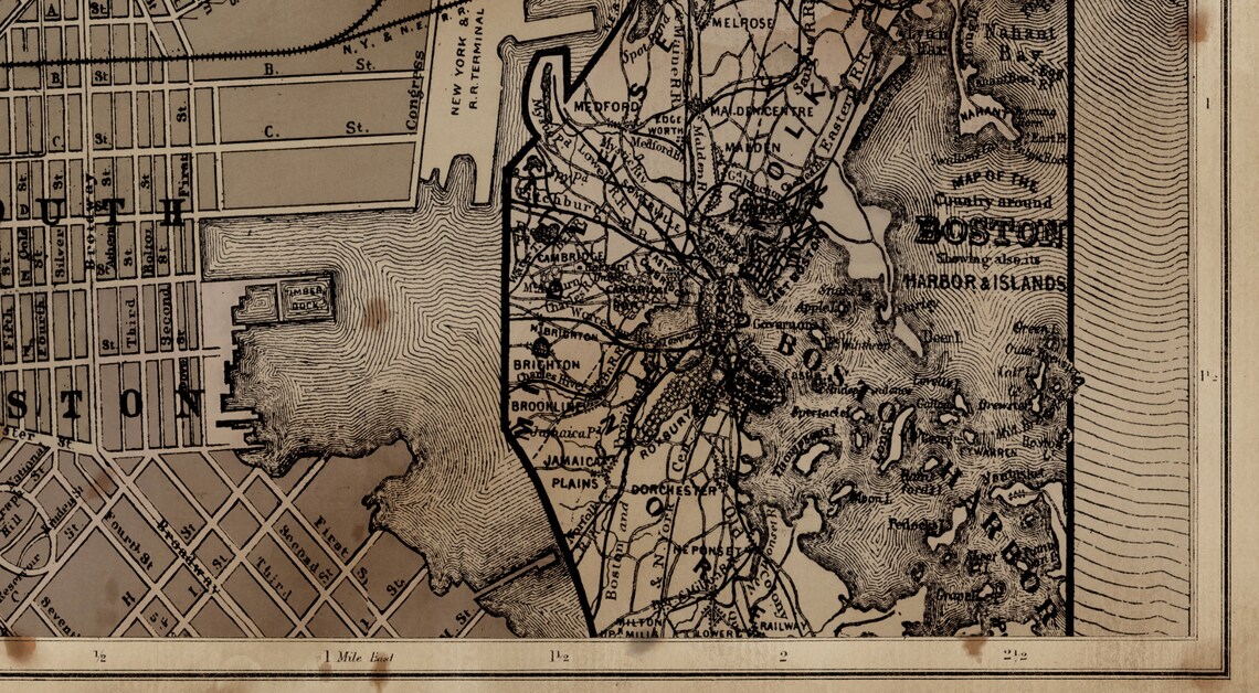 Boston Map Print : Vintage Boston Map Print Poster 1894 Old | Etsy