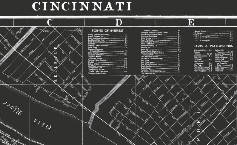 Cincinnati Map : Black and white style vintage Cinncinnati map | Etsy