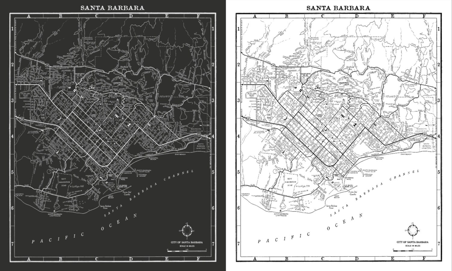Santa Barbara Map : Vintage Santa Barbara Map Print 1950s - Giclee ...