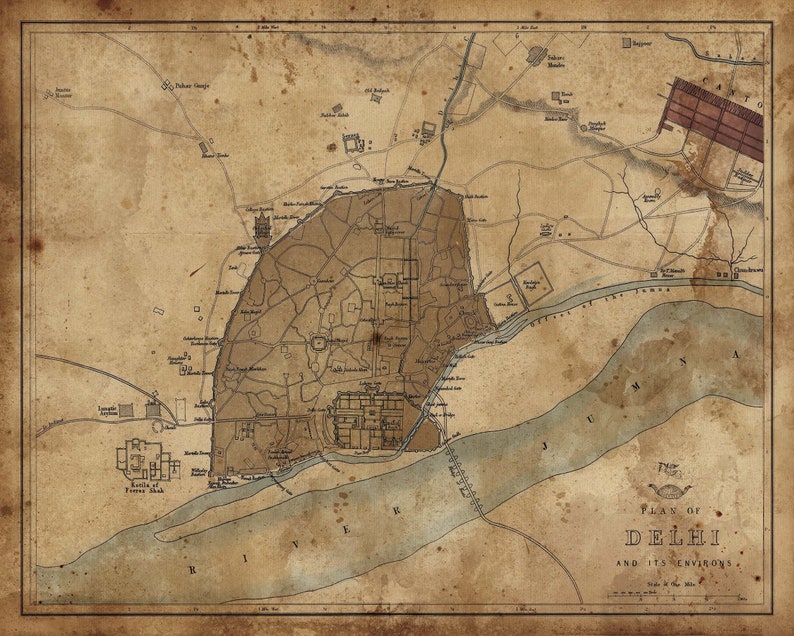Delhi India Map : Vintage Rustic Circa 1857 Delhi Map Map Print Poster ...