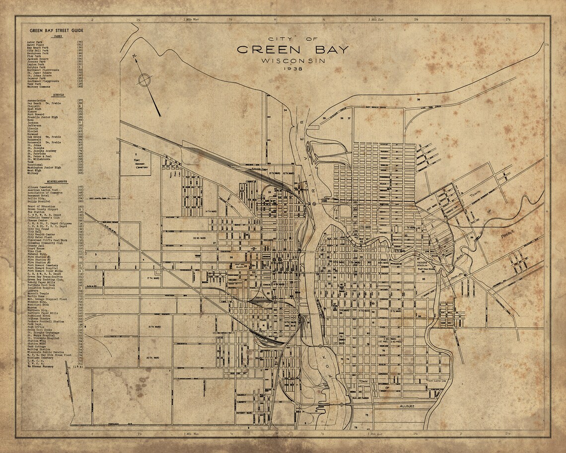 Vintage Green Bay Map : Old Green Bay Map Print Circa 1938 | Etsy