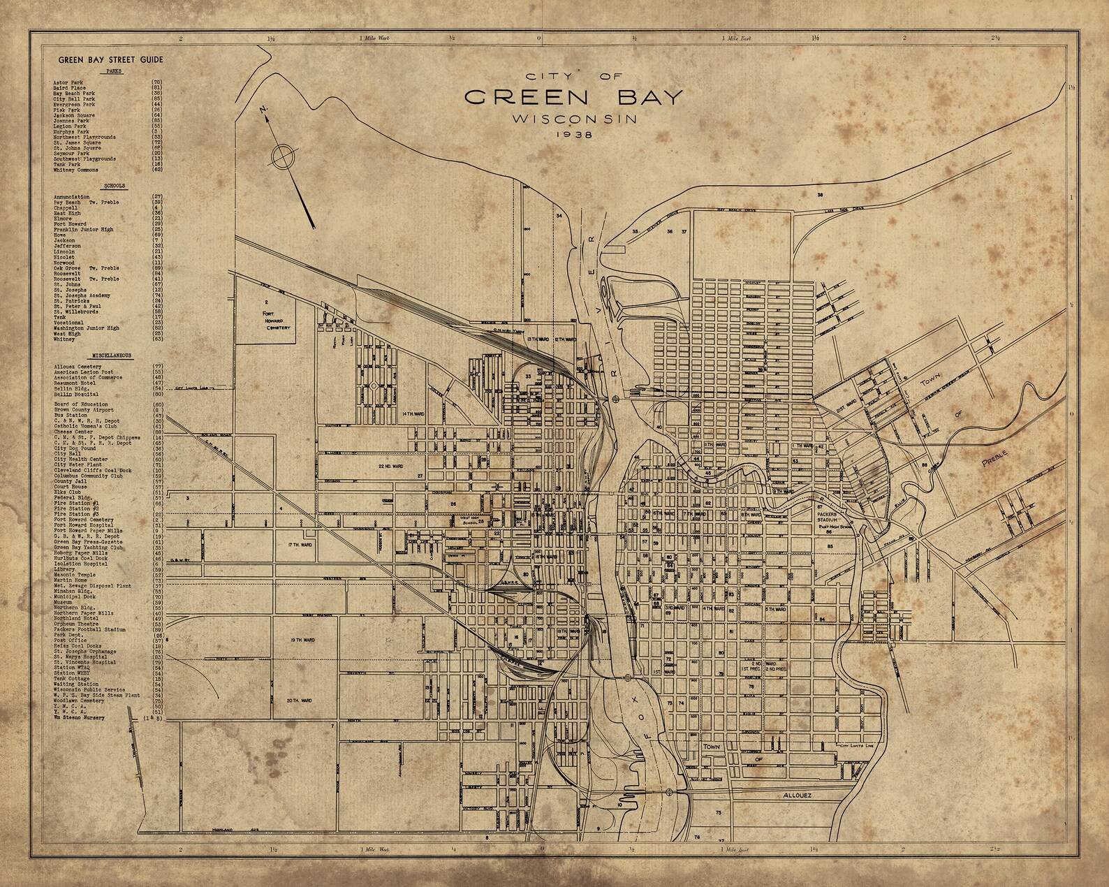 Vintage Green Bay Map : Old Green Bay Map Print Circa 1938 | Etsy