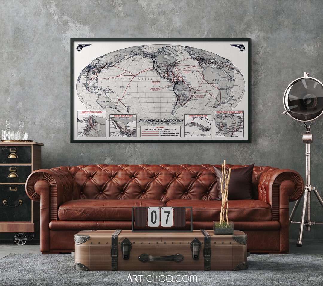 Pan Am Print : Pan Am Map - Pam American World Travel Print Pan Am ...