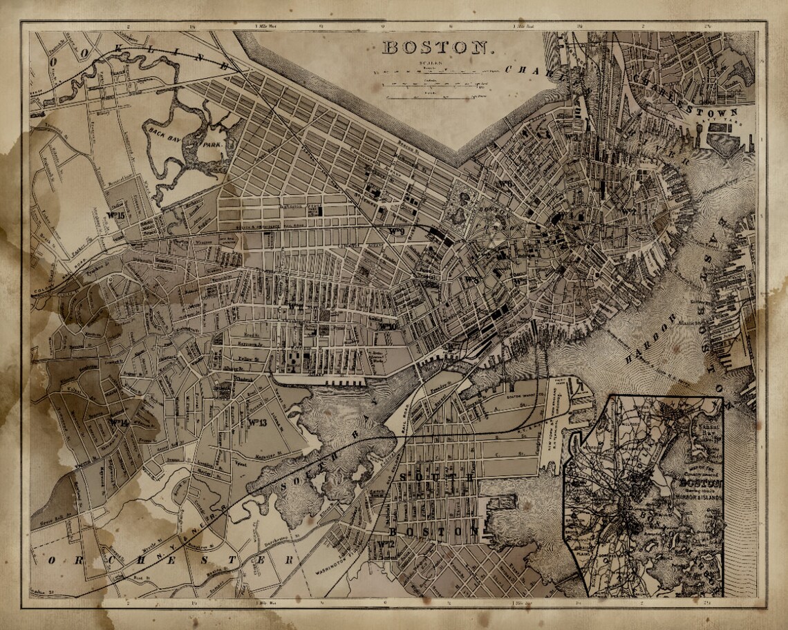 Boston Map Print : Vintage Boston Map Print Poster 1894 Old | Etsy