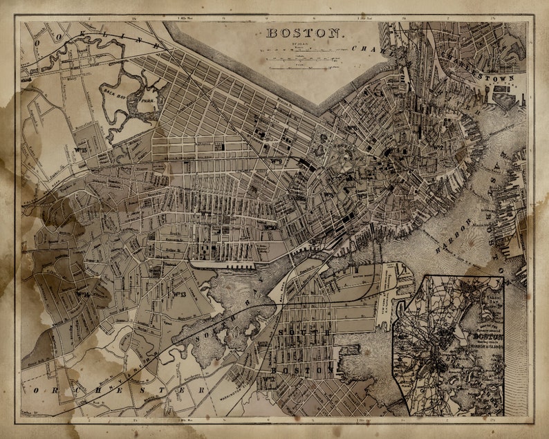 Boston Map Print : Vintage Boston Map Print Poster 1894 Old - Etsy