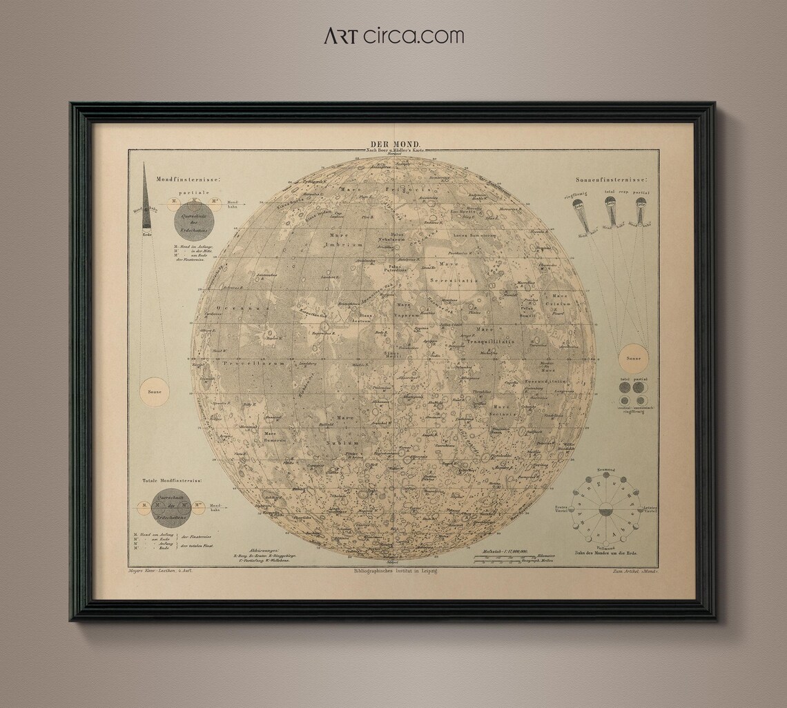 Lunar Map Print : Antique Lunar Map - Moon Map Art Print Poster 1910 ...