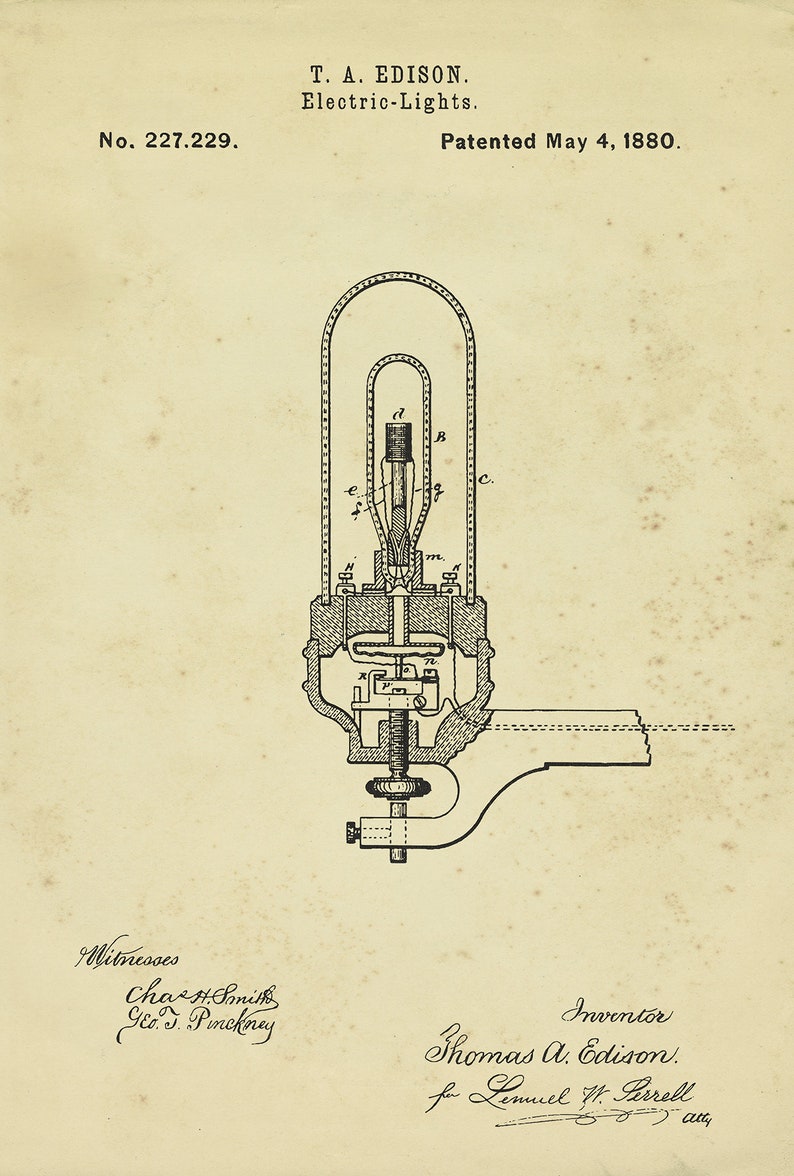 Edison Patent Print 3 Vintage Edison Light Bulb Patent Print Etsy