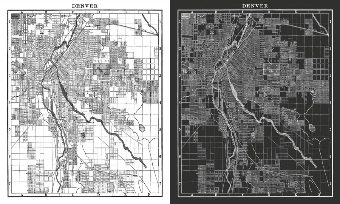 Denver Map : Black and White Map Vintage Denver Map Print Poster 1901 ...