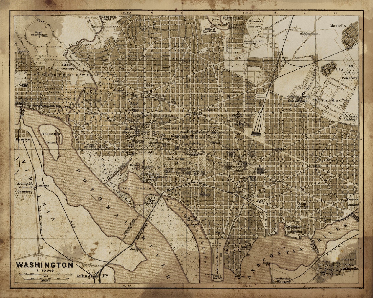 Washington DC Map : Vintage Rustic Washington DC Map Print | Etsy