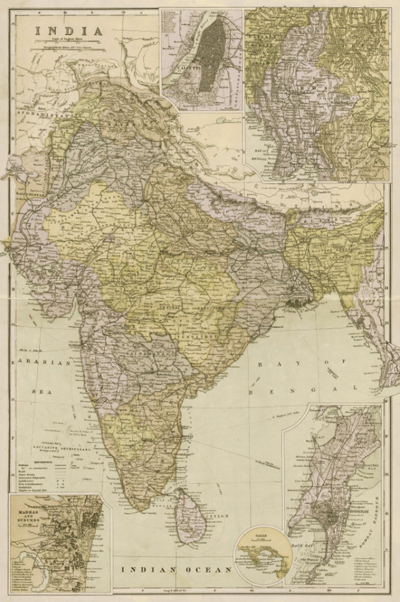 India Map : Vintage India Map Print Old India Map Giclee - Etsy