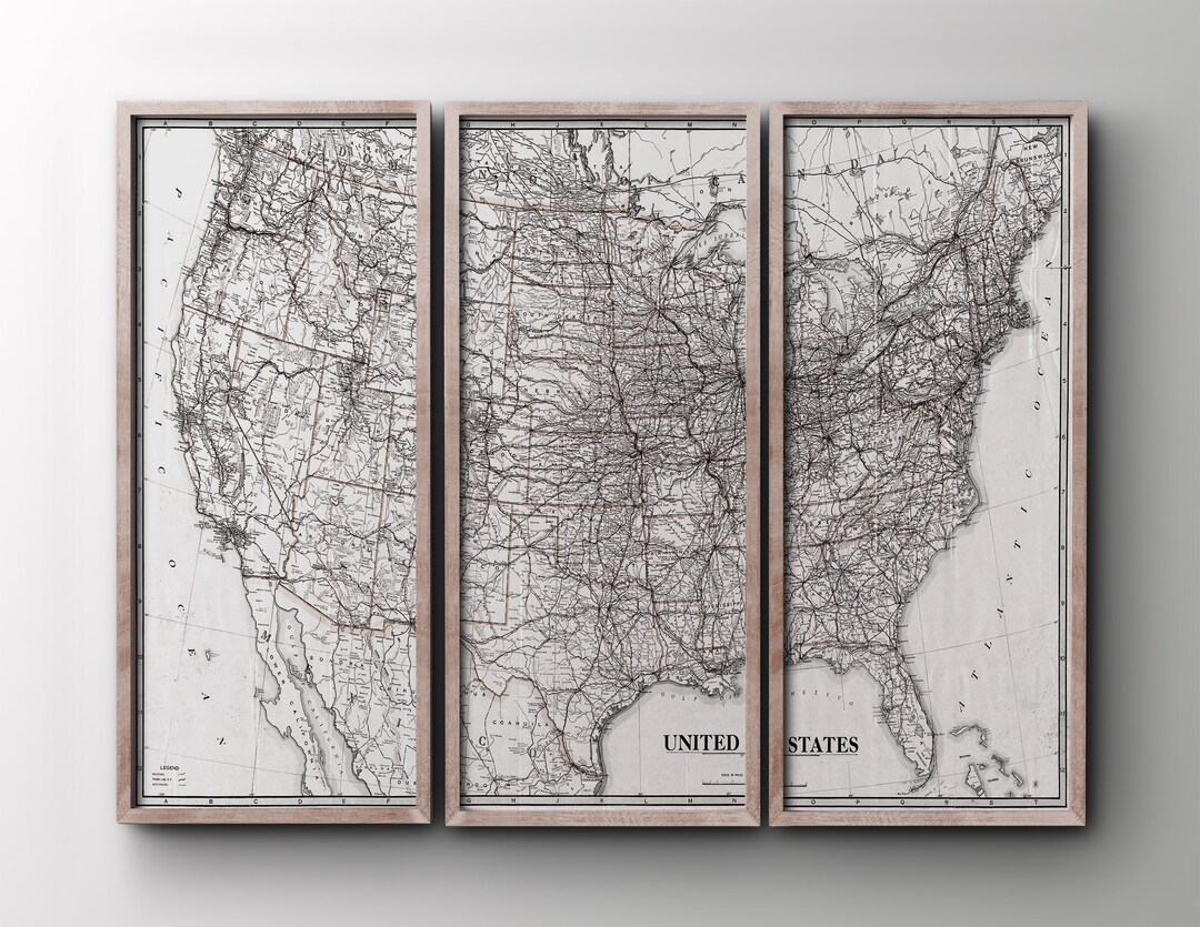 Vintage USA Map : Vintage USA Map Triptych Set Large United - Etsy