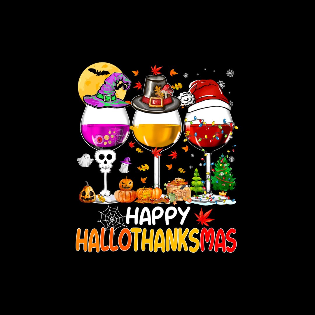 Happy Hallothanksmas Wine Glasses Witch Santa Hat Pumpkin Long Sleeve T ...