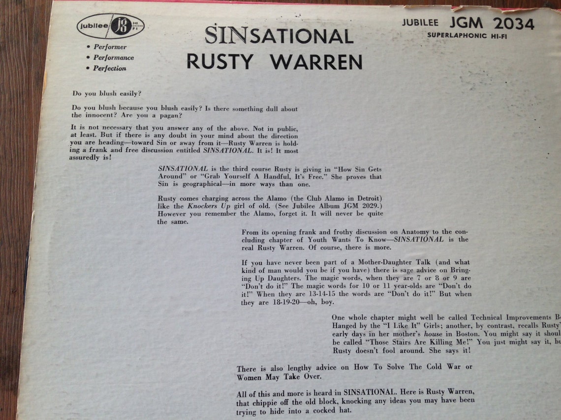Rusty Warren Sinsational Vinyl Record - Etsy