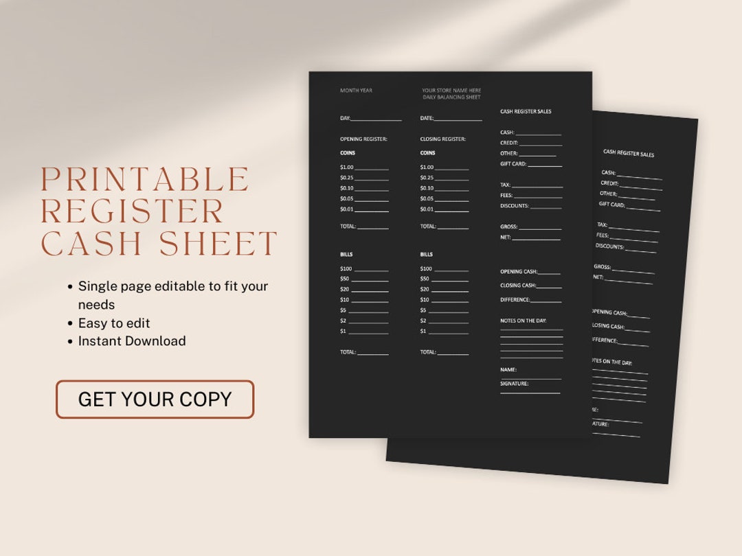 Business Cash Daily Sales Sheet, Register Tracking Sheet, Cash Sheet ...
