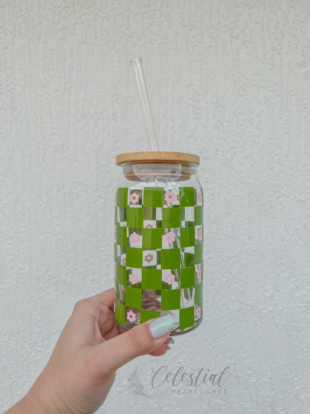 Checkered Glass Can | Cute Flower Checker Glass Tumbler | Boho Glass ...