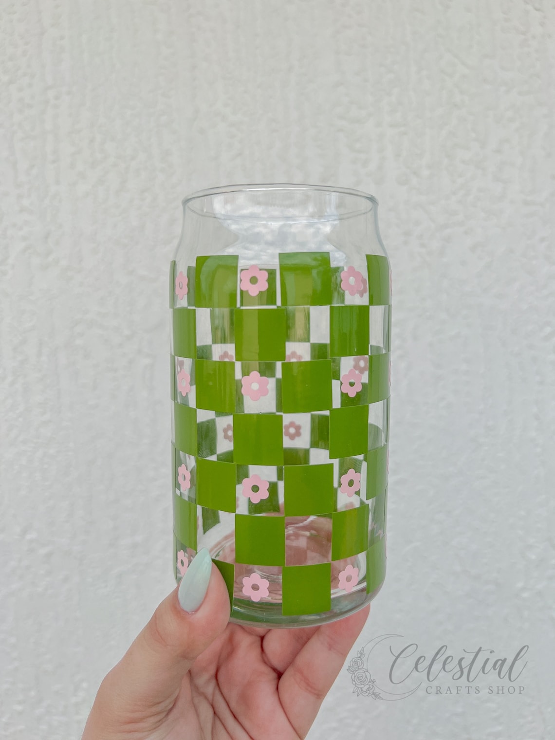 Checkered Glass Can | Cute Flower Checker Glass Tumbler | Boho Glass ...