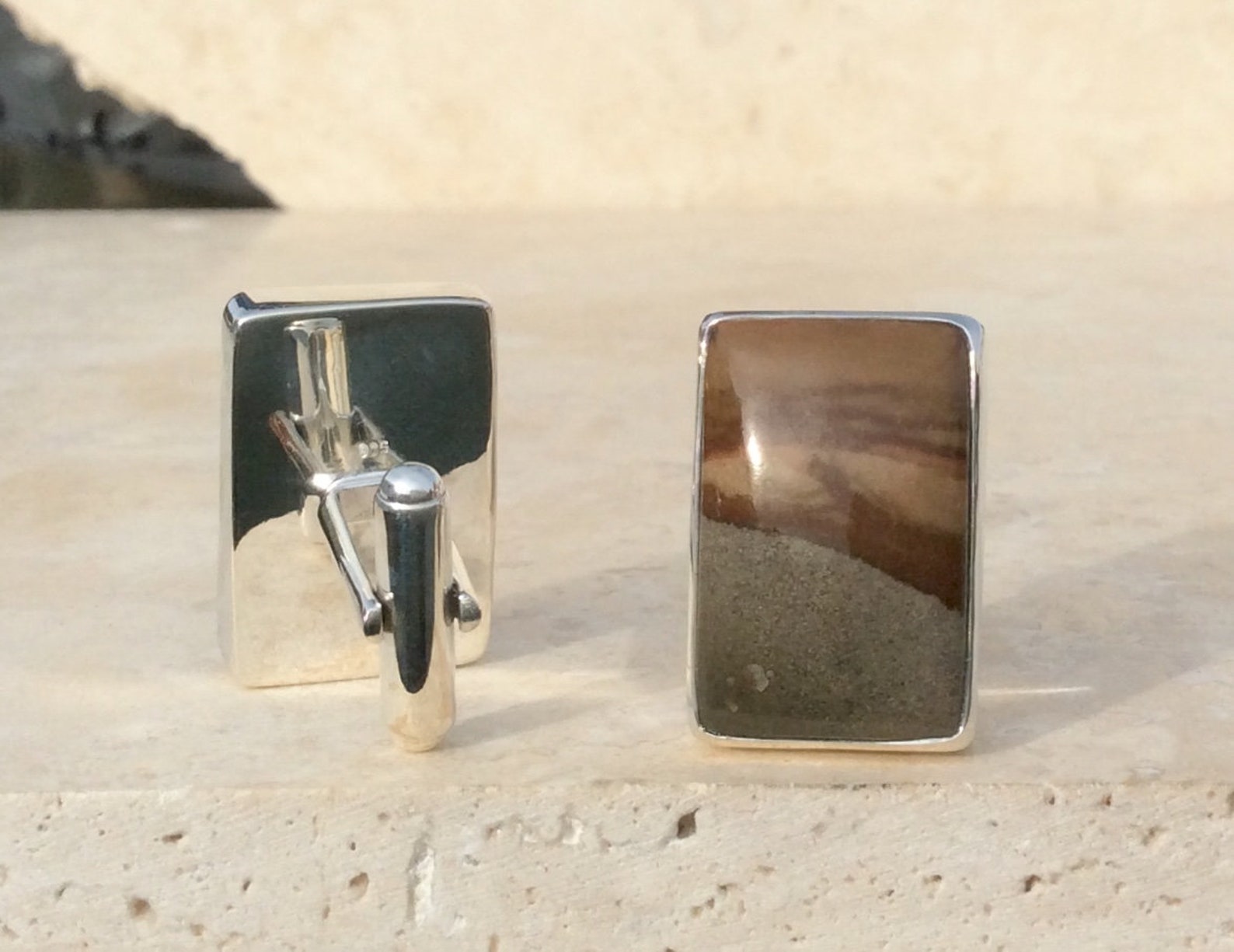 Gift Idea For Husband Mens Silver Cufflinks Brown Jasper | Etsy
