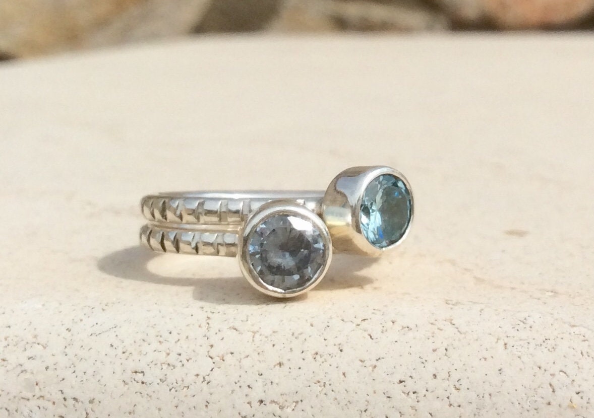 Aquamarine Silver Stacking Rings Set of Silver Stone Rings | Etsy