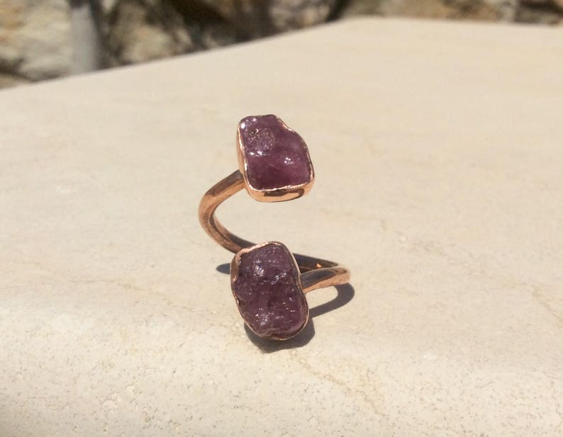 Raw Ruby Two Stone Copper Ring Adjustable Copper Double Stone - Etsy