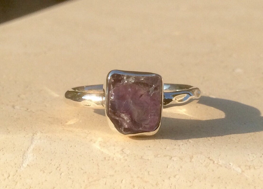 Raw Amethyst Silver Hammered Ring, Rough Natural Gemstone Ring, Natural ...