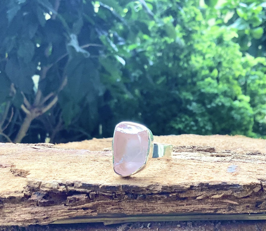 Large Pink Stone Adjustable Silver Ring, Raw Rose Quartz, Free Size ...