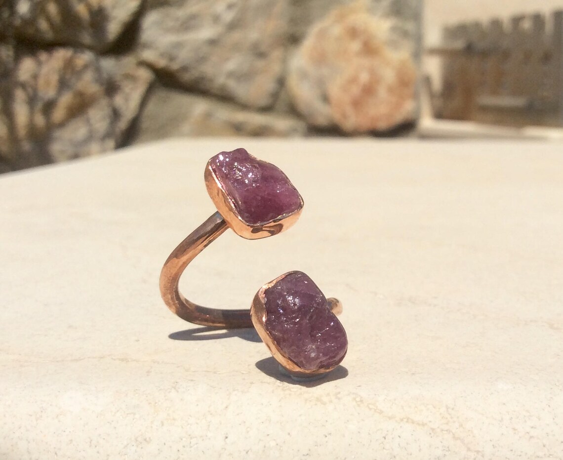 Raw Ruby Two Stone Copper Ring Adjustable Copper Double Stone - Etsy