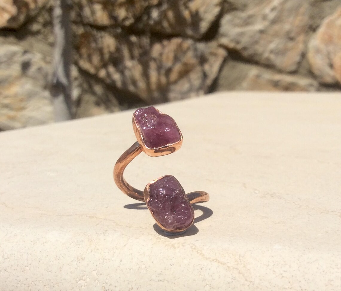 Raw Ruby Two Stone Copper Ring Adjustable Copper Double Stone - Etsy