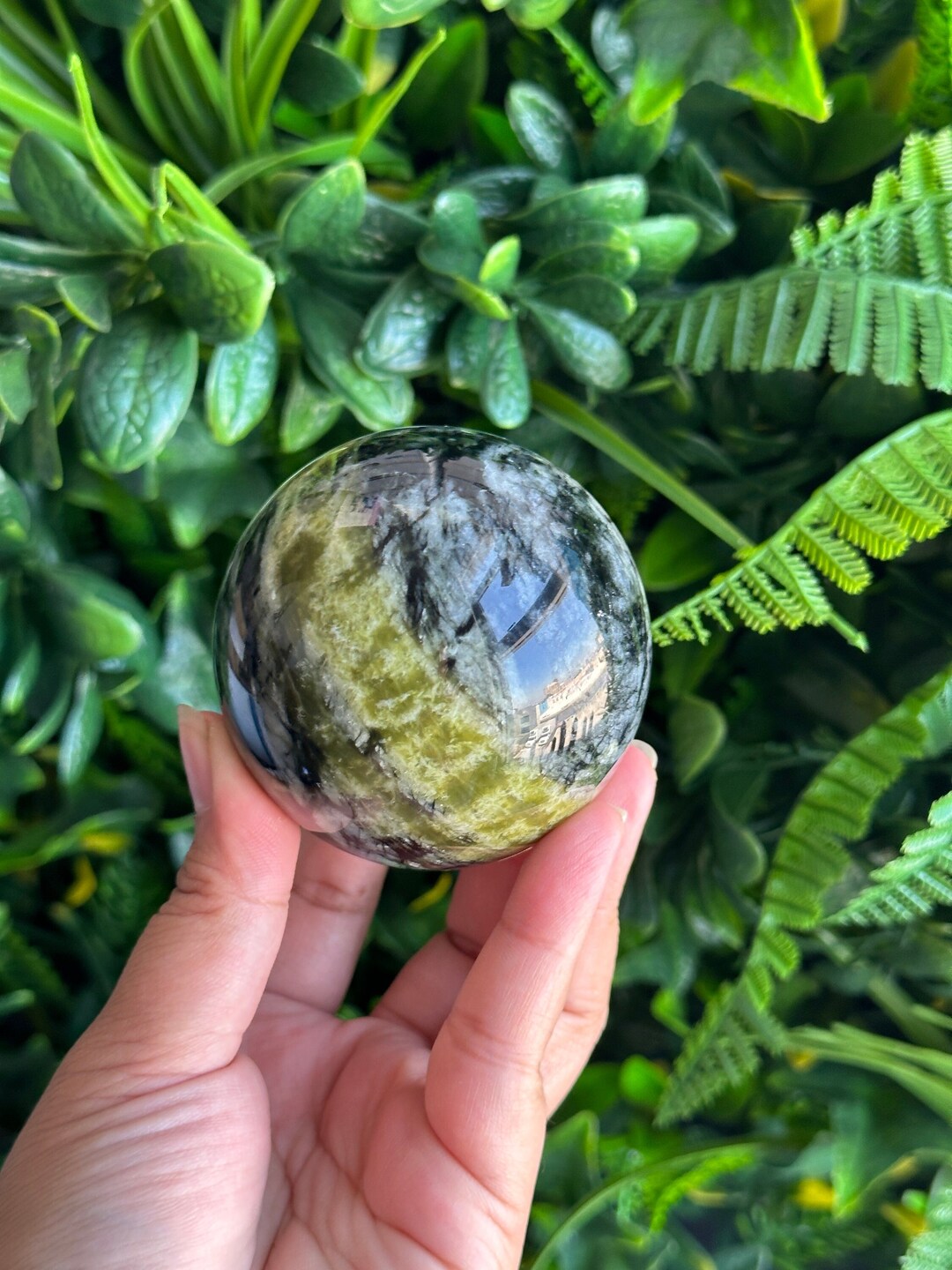 420g Serpentine Jade Sphere, Snake Skin Jade, Black and Green, Stone of ...