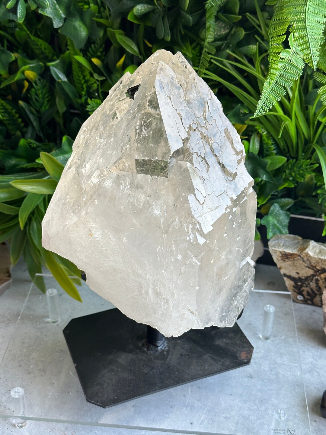 16lb Elestial Clear Quartz Point With Green Tourmaline & Custom Stand ...