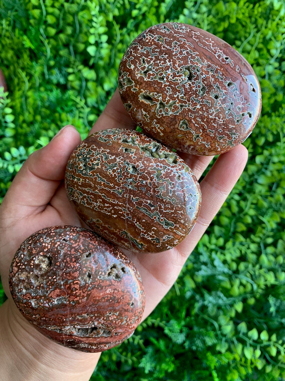 Vibrant Orbicular Ocean Jasper Palm Stone: Red, Green, Botryoidal Drusy ...