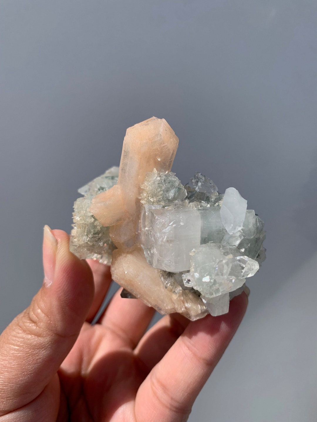 Rare Apophyllite Stalactite: Peach Stilbite Bowtie, Clear Dogtooth ...