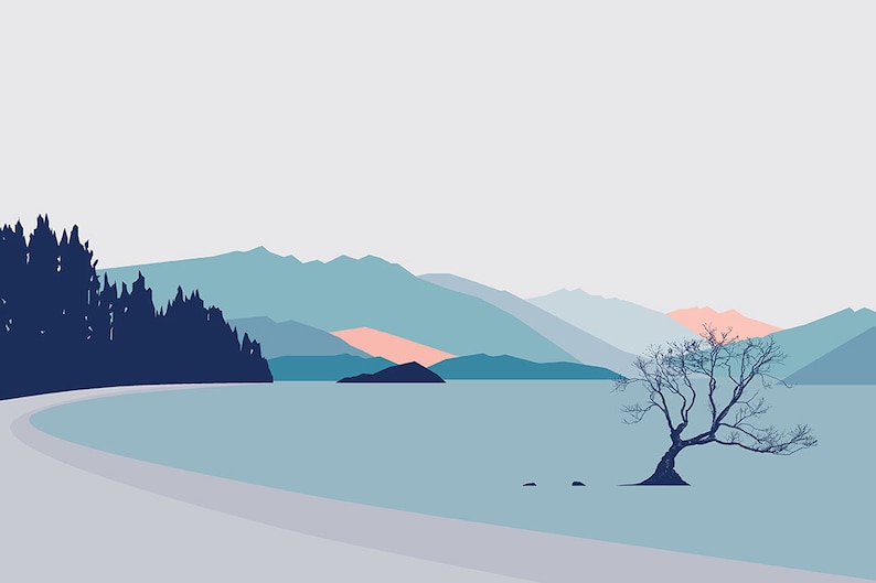 Wanaka Tree Art Print: New Zealand Modern Travel Poster - Etsy
