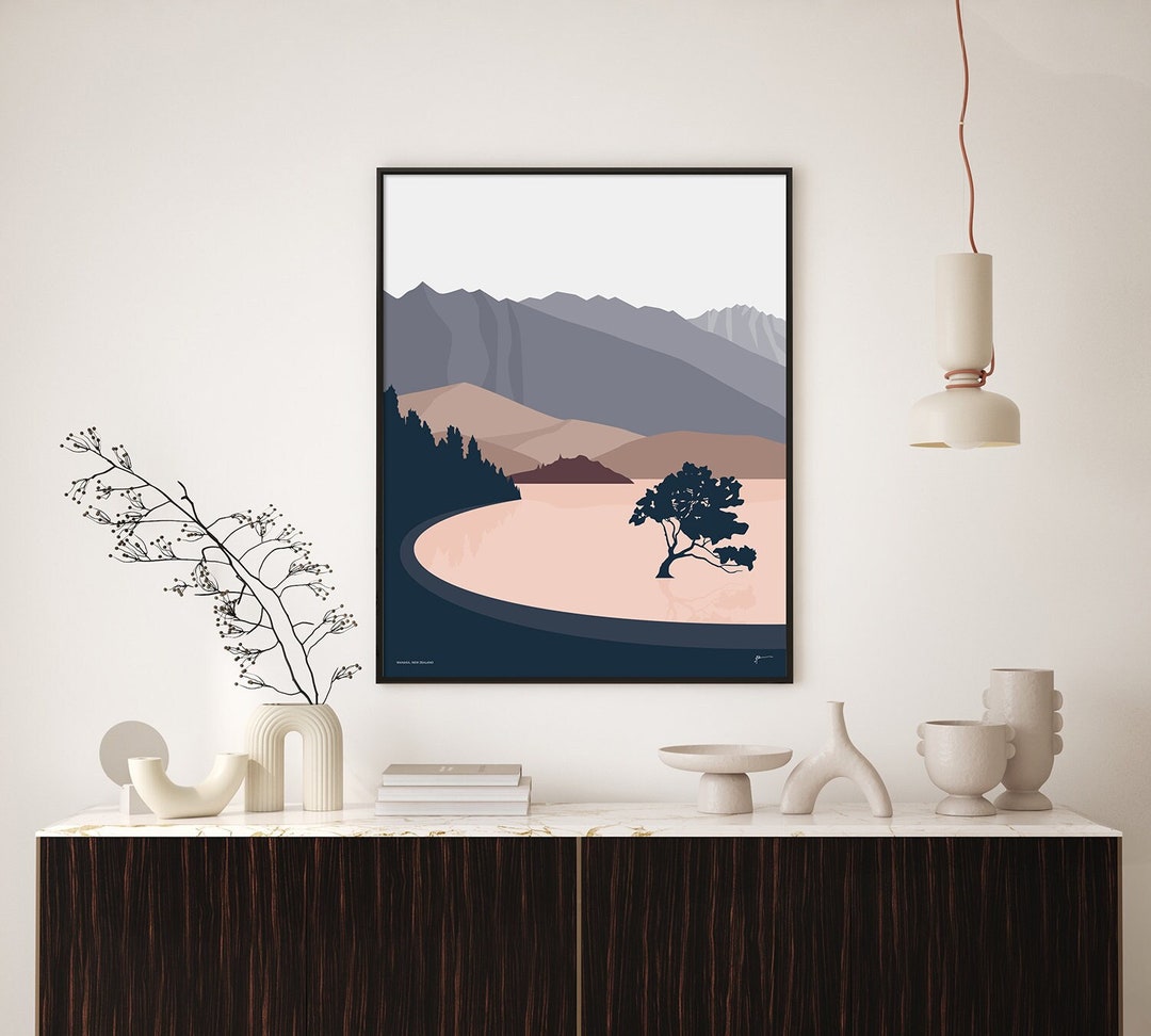 Wanaka Tree Art Print: New Zealand Mountain Lake Landscape. Red Palette ...