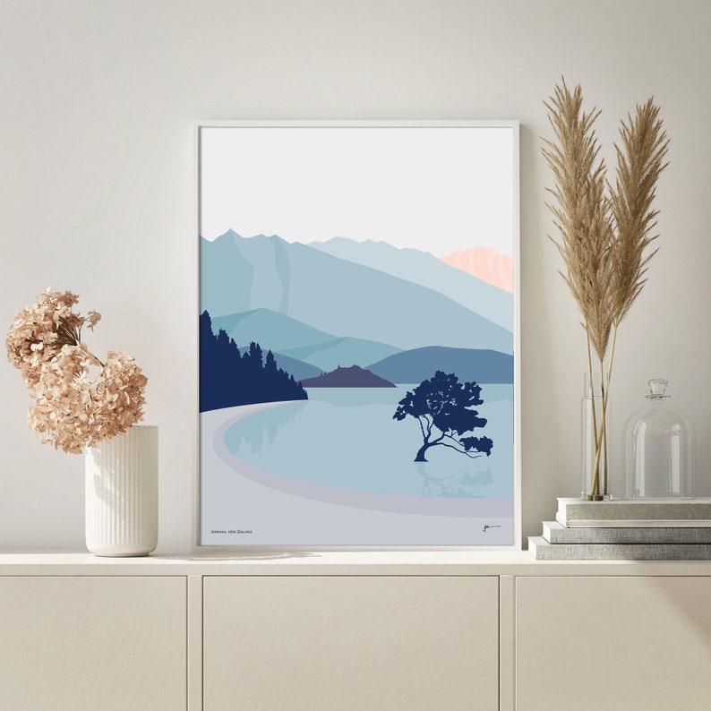 Wanaka Tree Art Print: New Zealand Mountain Lake Landscape, Blue ...