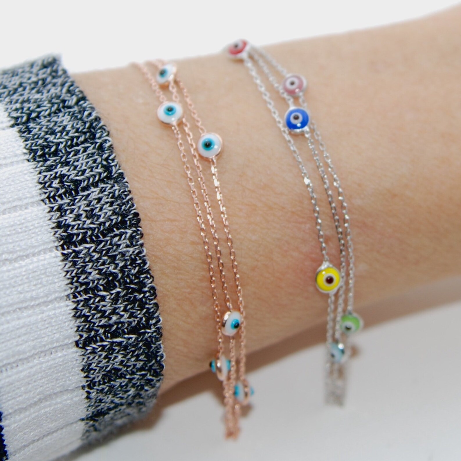 Mixed Color Triple Chain Evil Eye Beads Chain Bracelet 925 - Etsy