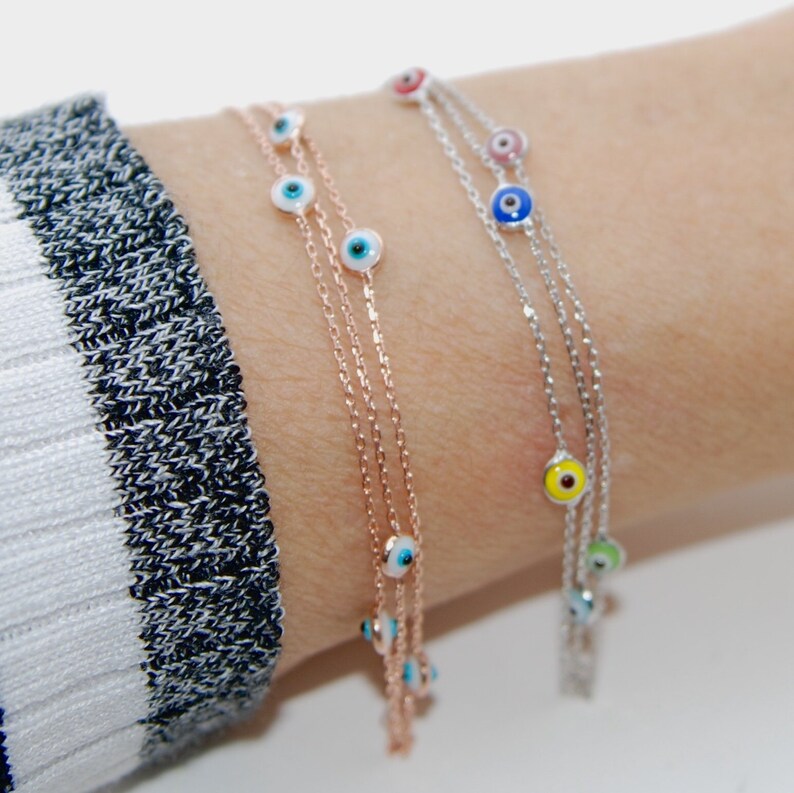 Mixed Color Triple Chain Evil Eye Beads Chain Bracelet 925 - Etsy