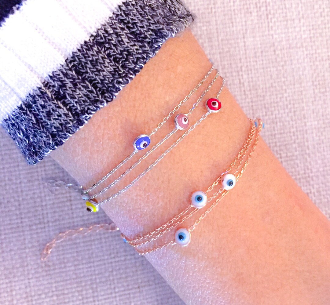 Mixed Color Triple Chain, Evil Eye Beads, Chain Bracelet, 925 Sterling ...